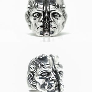 S925 Silver Frankenstein Gothic Ring, 18K Gold Inlay, Sci-fi Jewelry for Steampunk, Unique ...