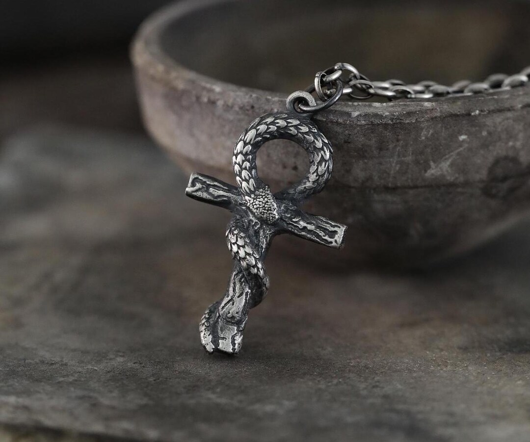 S999 Silver Snake Ankh Necklace, Handcrafted Cross Pendant, Rugged ...