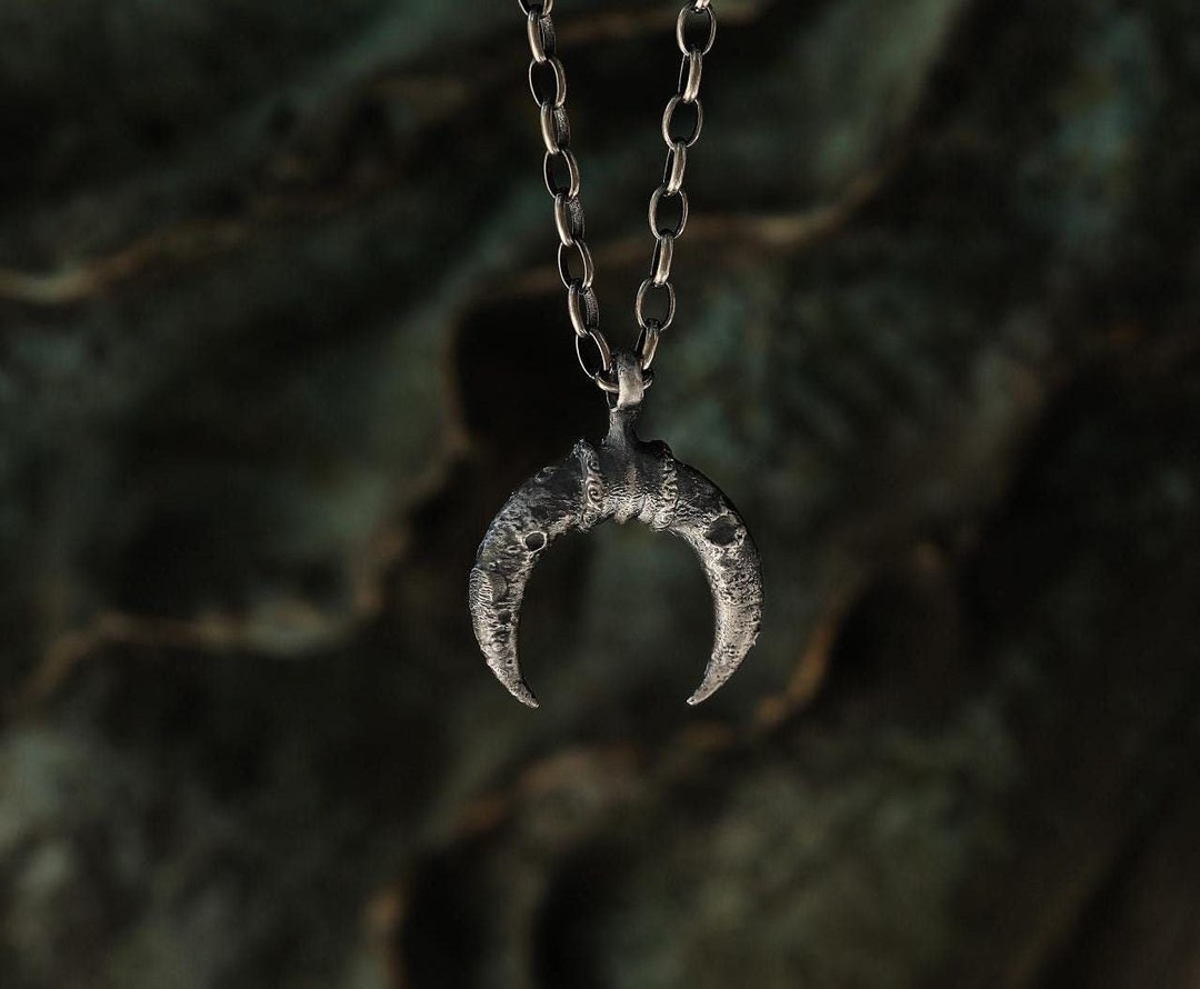 S999 Silver Crescent Moon Pendant Necklace, Realistic Lunar Surface ...
