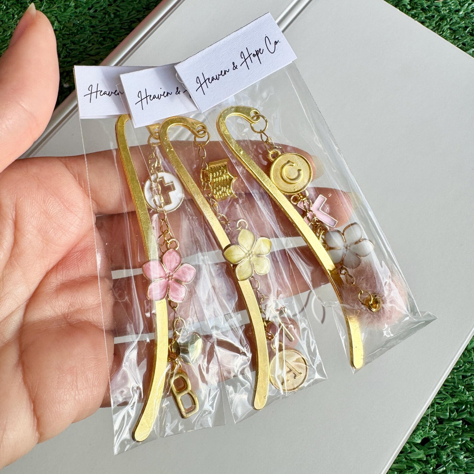 Gold Dangle Chain Bookmark With Charms and Personalized Letter Initial ...