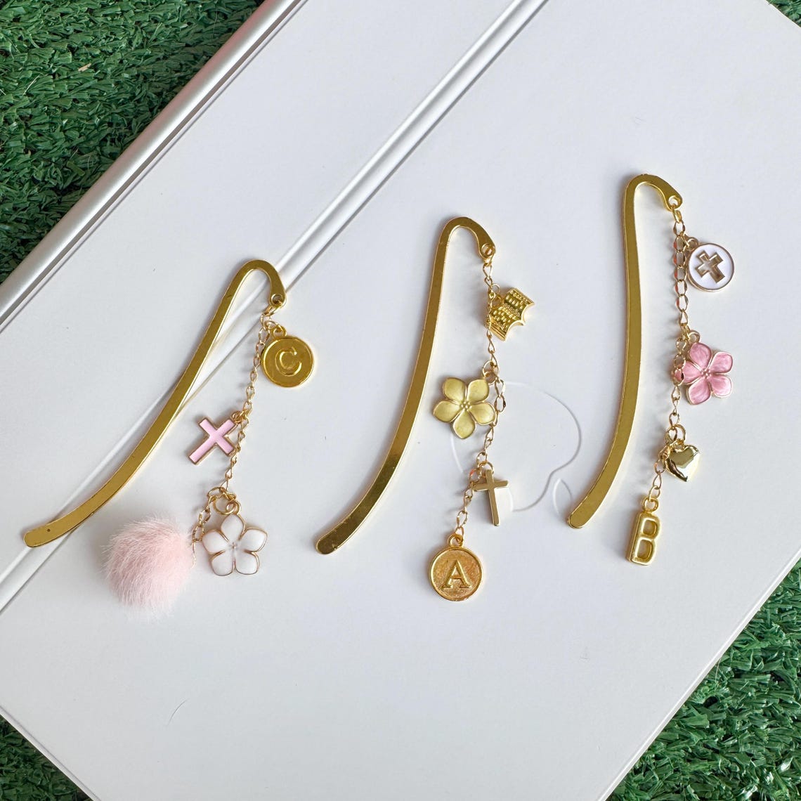 Gold Dangle Chain Bookmark With Charms and Personalized Letter Initial ...