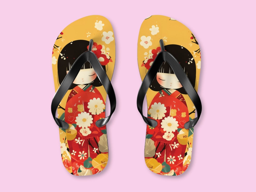 Cute Flip Flops, Japanese Kokeshi Doll Design nao Vibrant Casual Summer ...