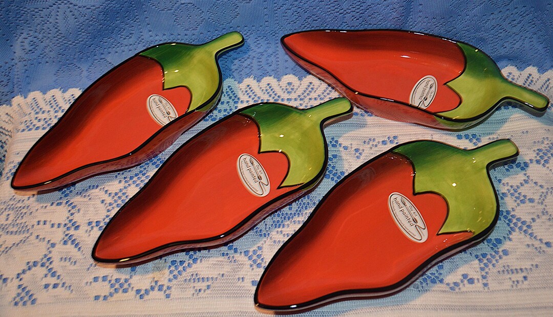1999 Hand-painted (4) Chili Shaped Bowls "fiesta" by Clay Art - Chili ...