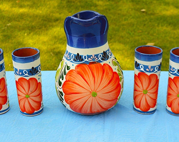 Handcrafted and Hand-painted Terracotta Large 10 Cup Pitcher With Six ...