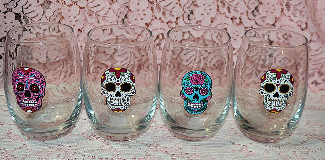 Set of Four Cristar Mikonos Day of the Dead Sugar Skull Stemless Wine ...