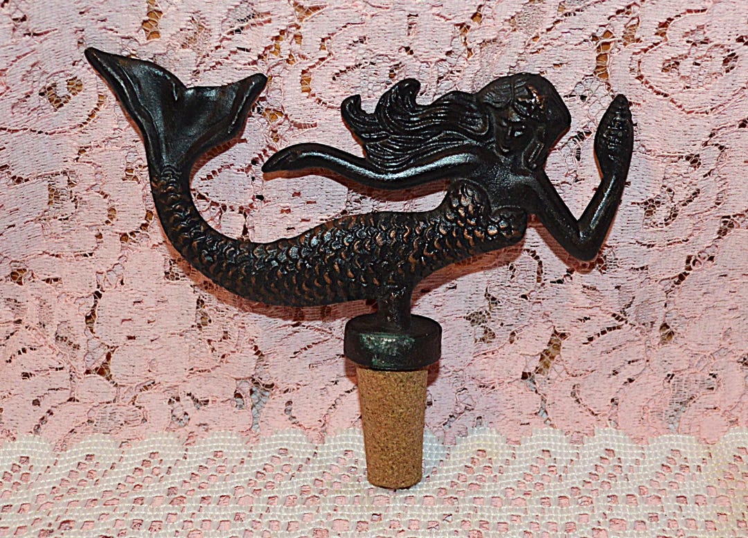 Vintage Mermaid Shaped Whiskey Wine Bottle Topper Cork Cast Iron Bronze ...