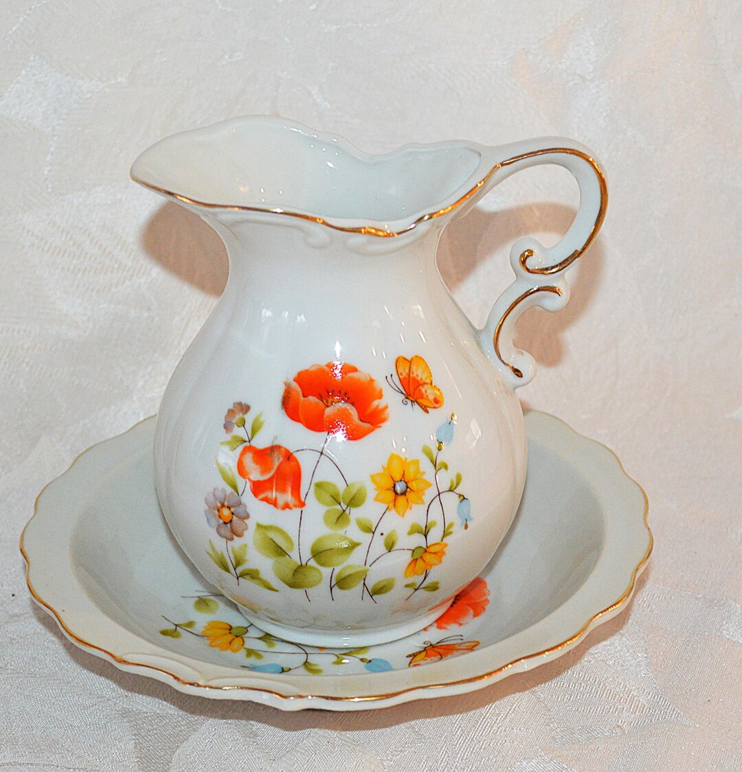 Vintage Japanese Porcelain Floral Butterfly Pitcher and Basin - Vibrant ...