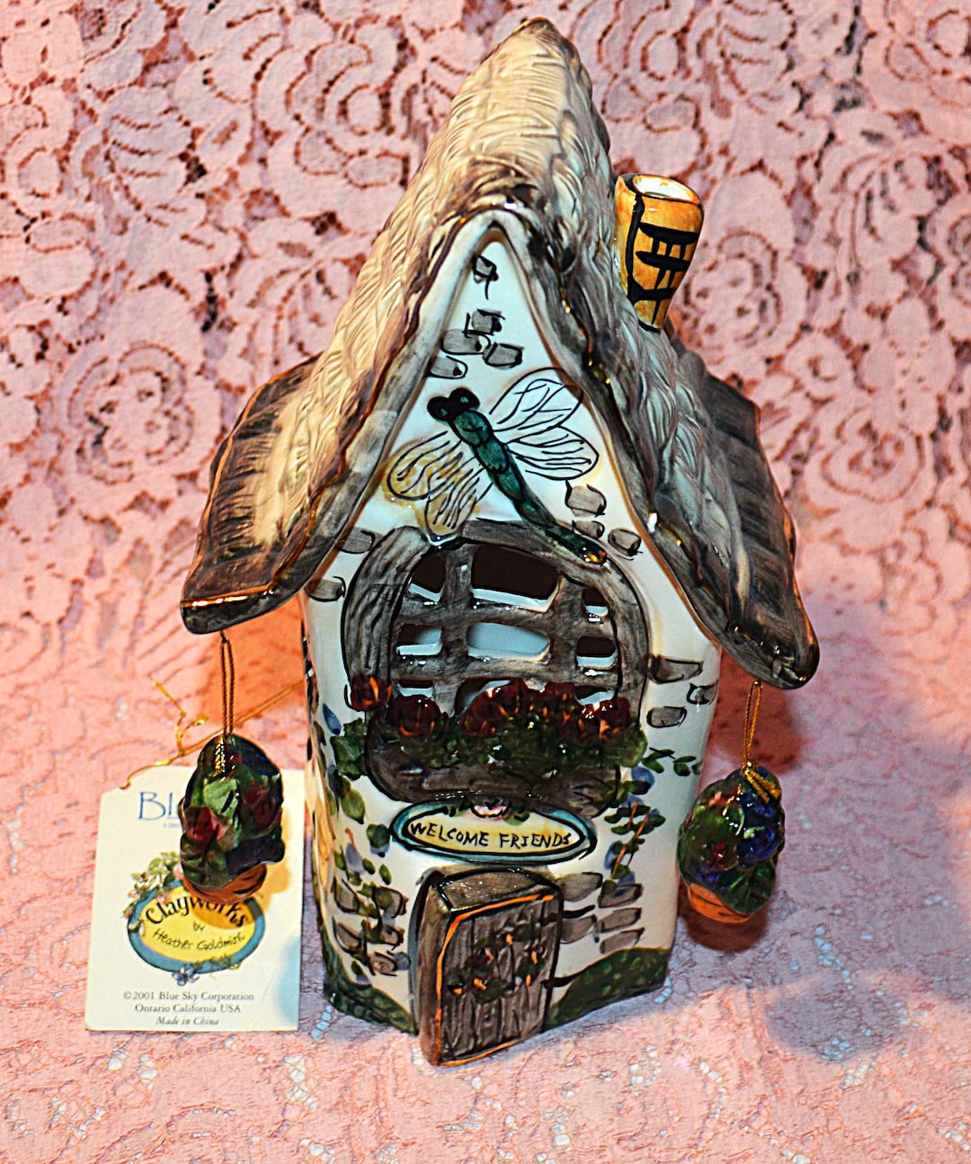 Vintage Blue Sky Pottery “welcome Friends” Candle House Crooked Cottage ...