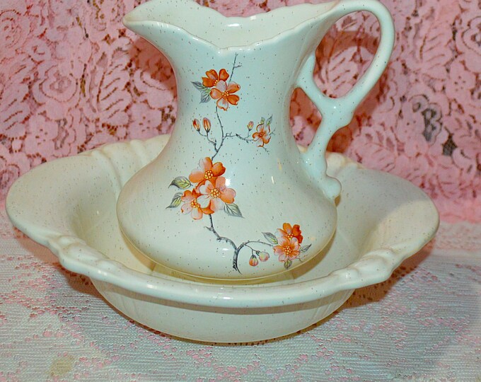 Vintage Treasure Craft Speckled Floral and Vine Pitcher & Wash Basin ...