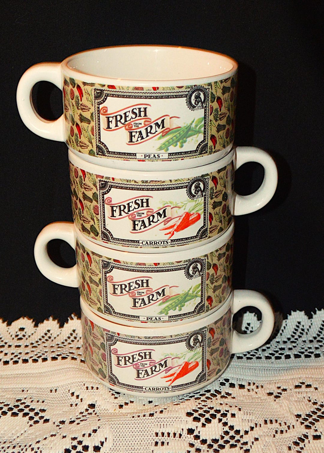 Set of Four - Fresh From the Farm Vintage Soup Mugs - Rustic Farm Ranch ...