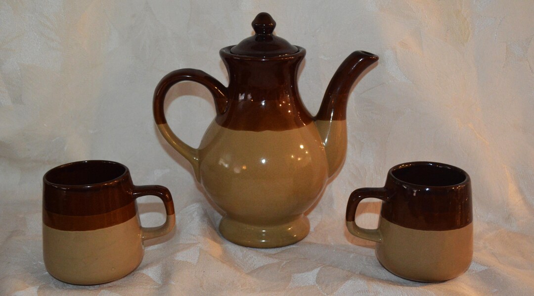 Set of Three - Vintage Tan an Brown Teapot With Lid, Stoneware, Old ...