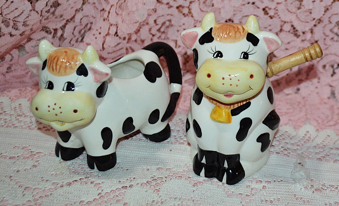 Vintage Houston Harvest Ceramic Cow Sugar Bowl & Creamer Set Black ...