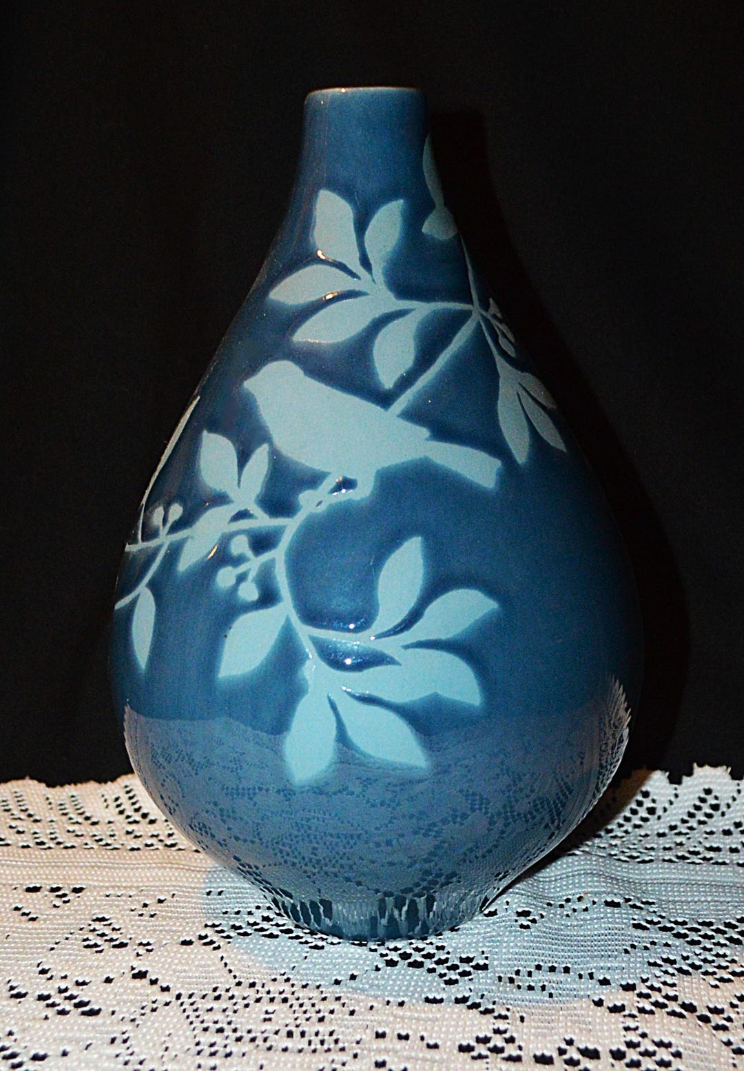 Art Pottery Vase Blue and Light Blue Matte Bird and Leaves Bulbous ...
