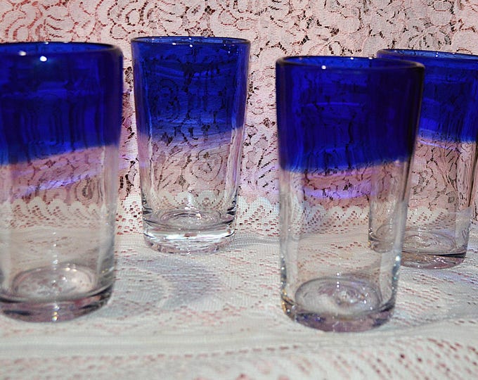 Cobalt Blue & Clear Mexican Hand Blown Heavy 16 Ounce Glasses ...