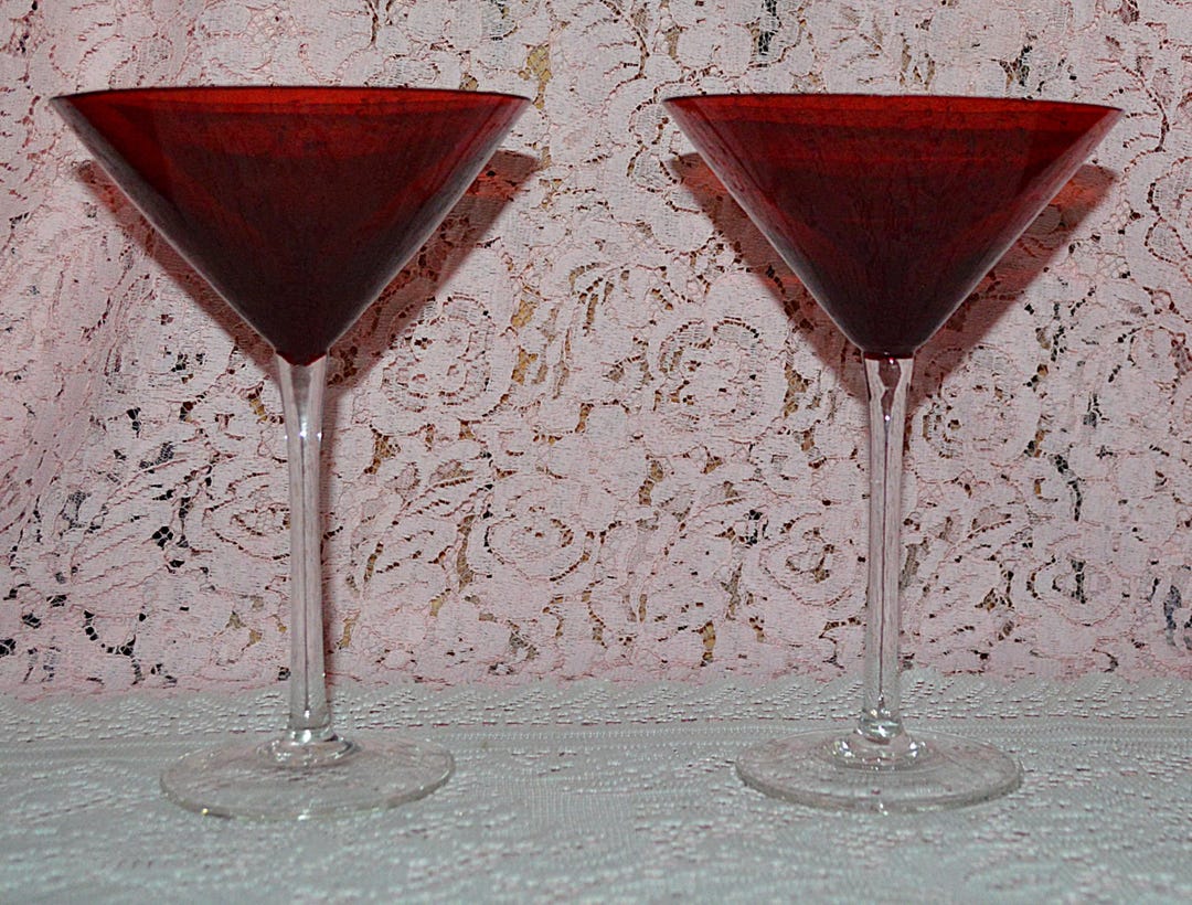 Vintage Set of (2) Two Red Martini Glasses, Ruby Red Glass, and Clear Stems Blown Glasses 7 ...