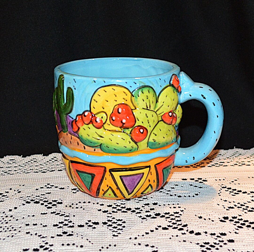 Vintage Southwestern Desert Style Colorful Cactus Coffee Mug - Hand ...