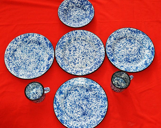 Crow Canyon Blue Enamel Splatterware 7 Piece Metal Dinnerware Set 4 ...