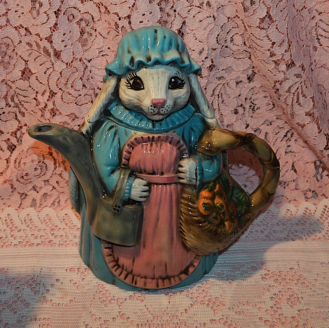 Vintage Ceramic Bunny Teapot - Vintage Bunny Teapot Wearing a Blue ...