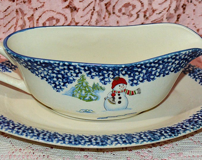 Thompson Pottery Co. 2 Piece Set Snowman Blue Spongeware Gravy Boat ...