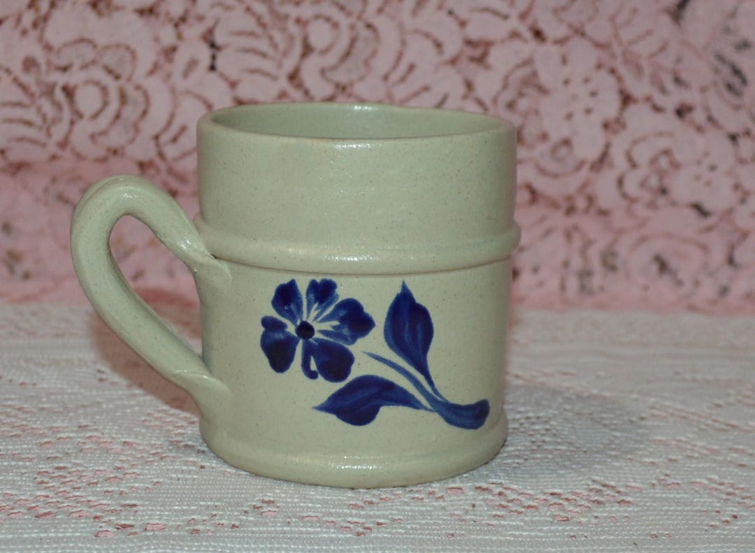 Williamsburg Pottery Mug Hand Turned Coffee Cup Blue Floral Vine Design ...