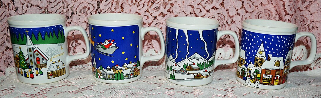 Vintage Set of Four Stoneware Christmas Scene Mugs Made in Japan ...