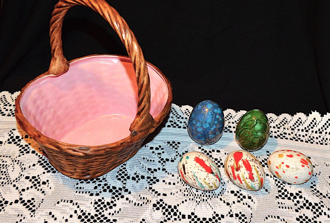 Vintage 1980s Handmade Pottery Weave Style Brown Pink Basket - 5 ...