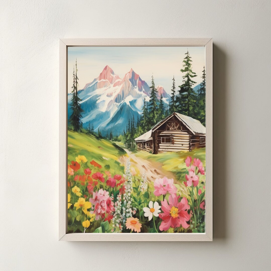 Flower Cabin Print | Cabin Oil Painting | Colorful Flowers | Cabin ...