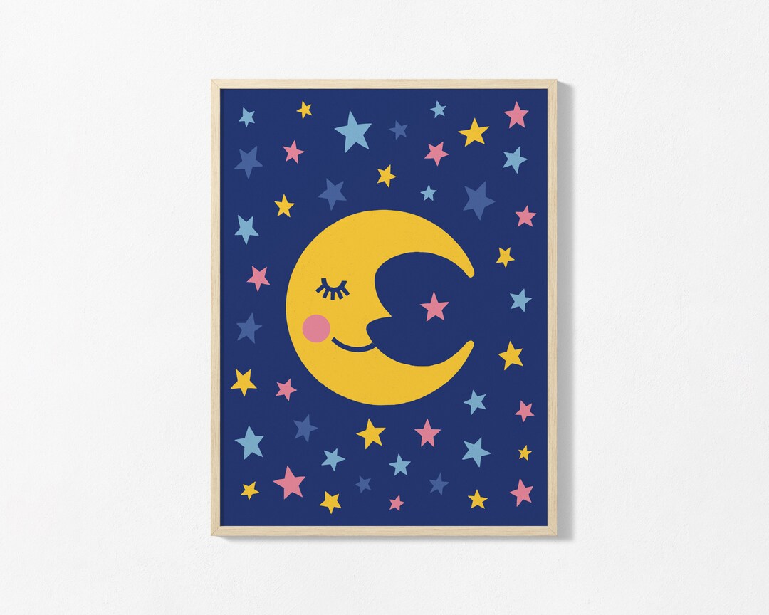 Moon and Stars Wall Art, Colorful Nursery Art, Cute Moon Poster, Moon ...