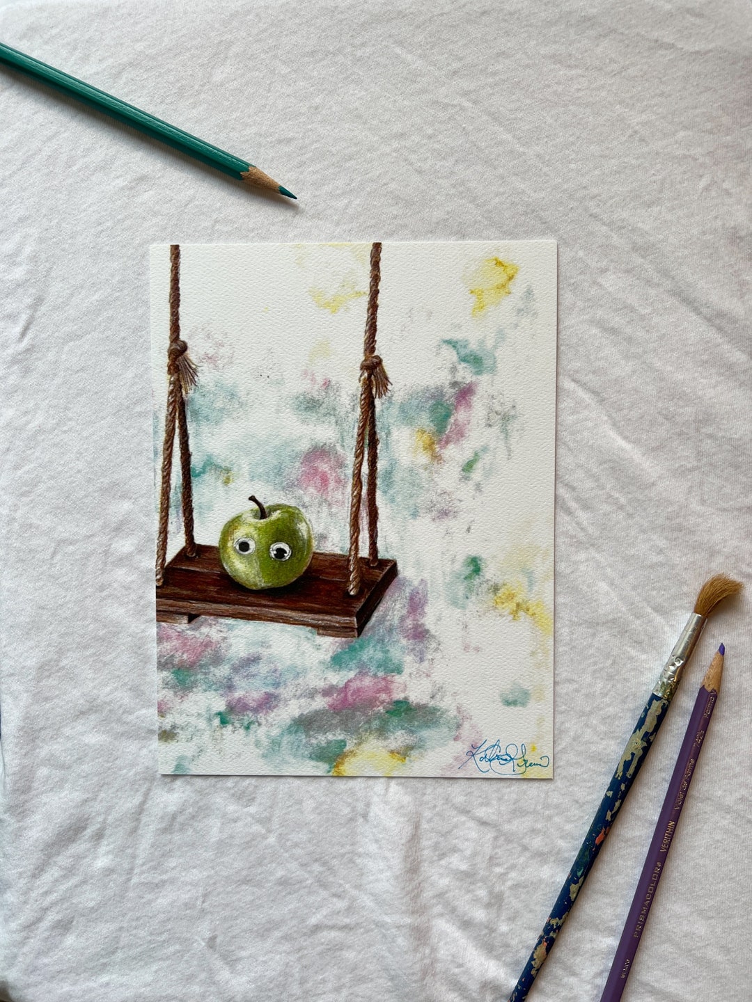 Longing Apple, Whimsical Art Print, Retro, Silly Art Decor, Pop ...