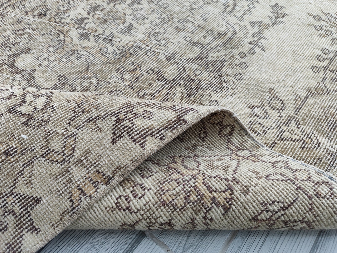 Vintage Oushak Wool Rug 3.8x6.8 Ft: Beige Brown Faded Green Turkish Rug ...