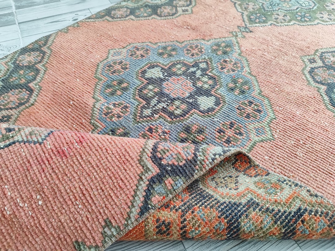 3x8 Pink Blue Navy Green Turkish Runner Rug, 3x8 Vintage Runner, Oushak ...
