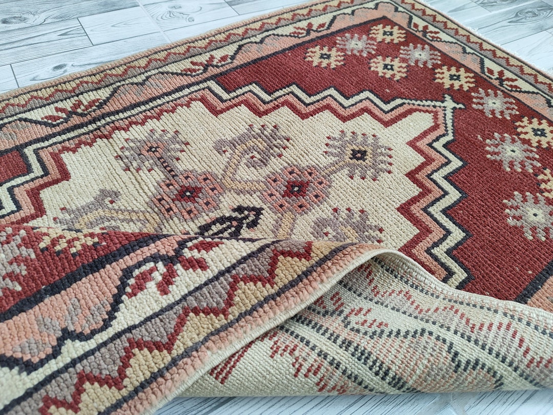 2x4 Pink Red Purple Beige Vintage Rug, 2x4 Turkish Small Rug, Oushak ...