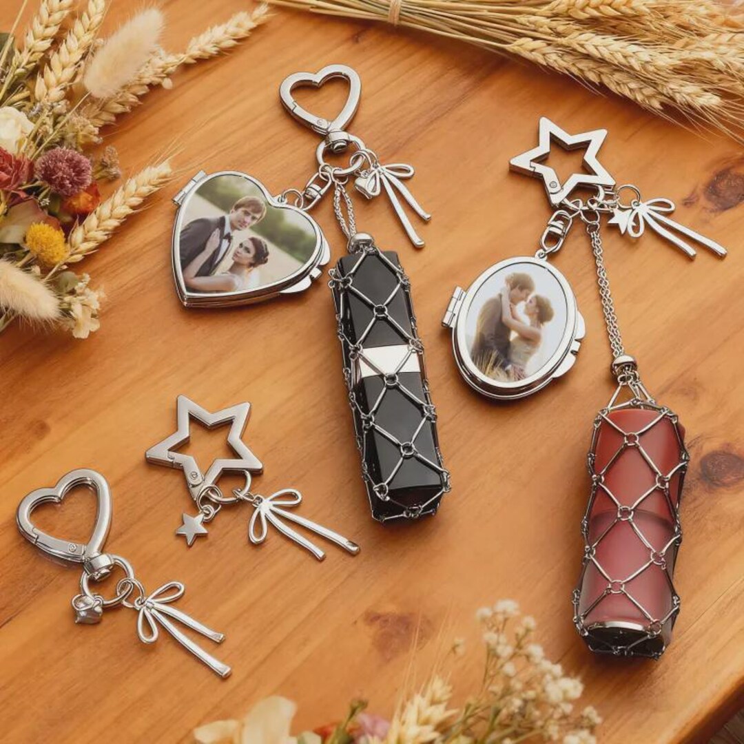 Personalized Photo Lipstick Keychain With Mirror Metal Makeup Bag Charm ...