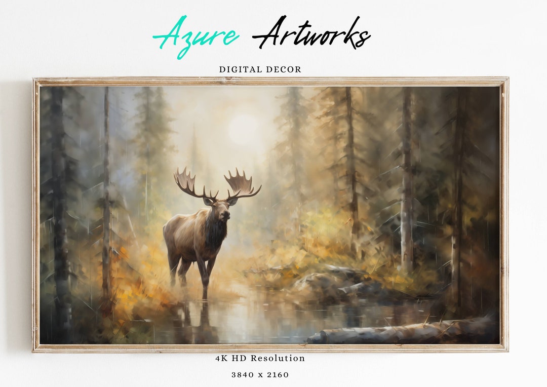 Morning Moose Pine Trees Wall Art Print, Home Décor, Printable Art, Oil ...