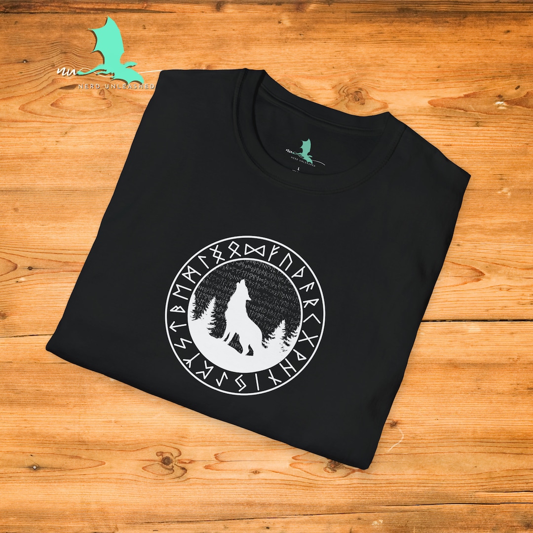 Runic Howl - Futhark Norse Runes Howling Wolf Viking Unisex Softstyle T ...