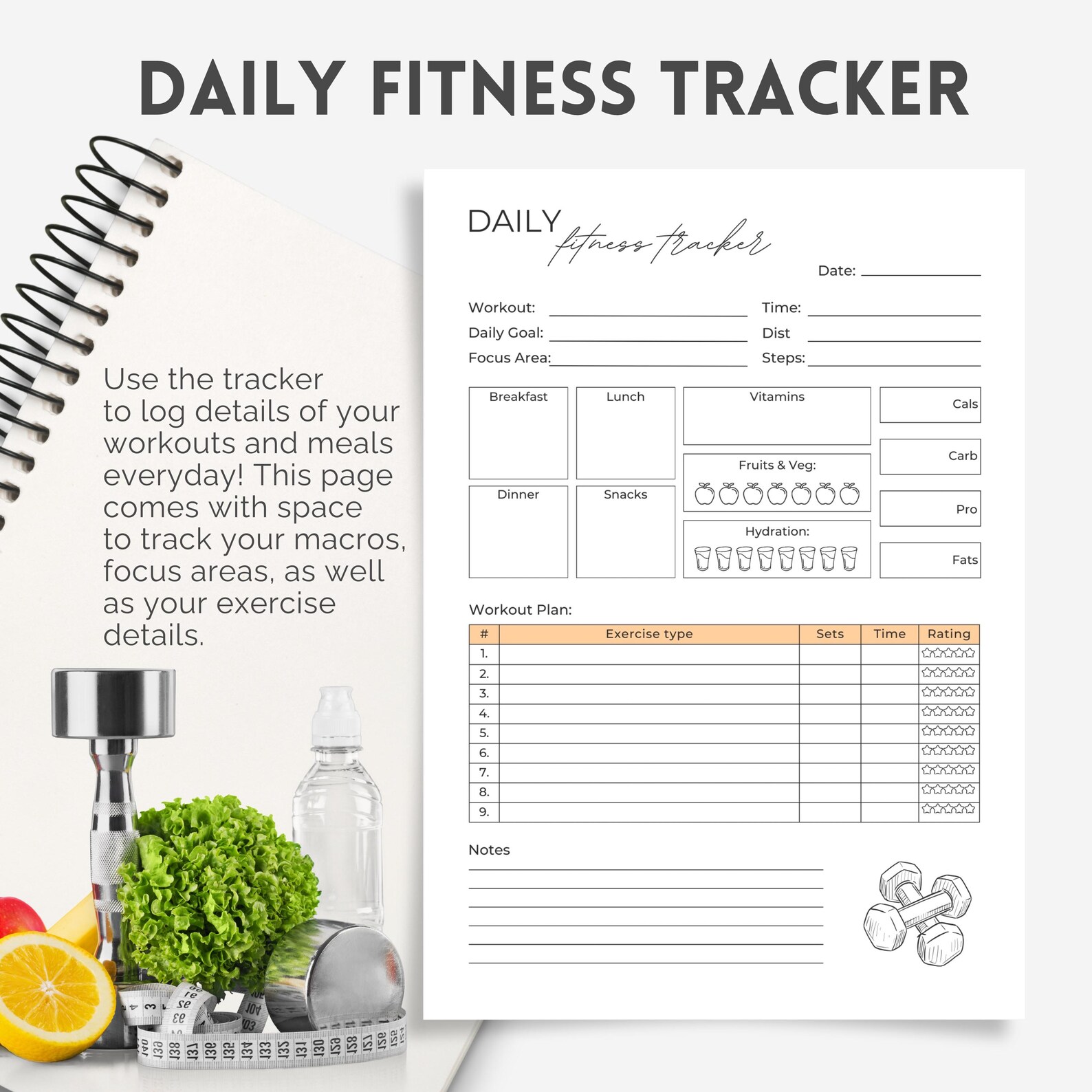 Printable Daily Fitness Tracker: Workout, Meal & Health Planner (PDF ...