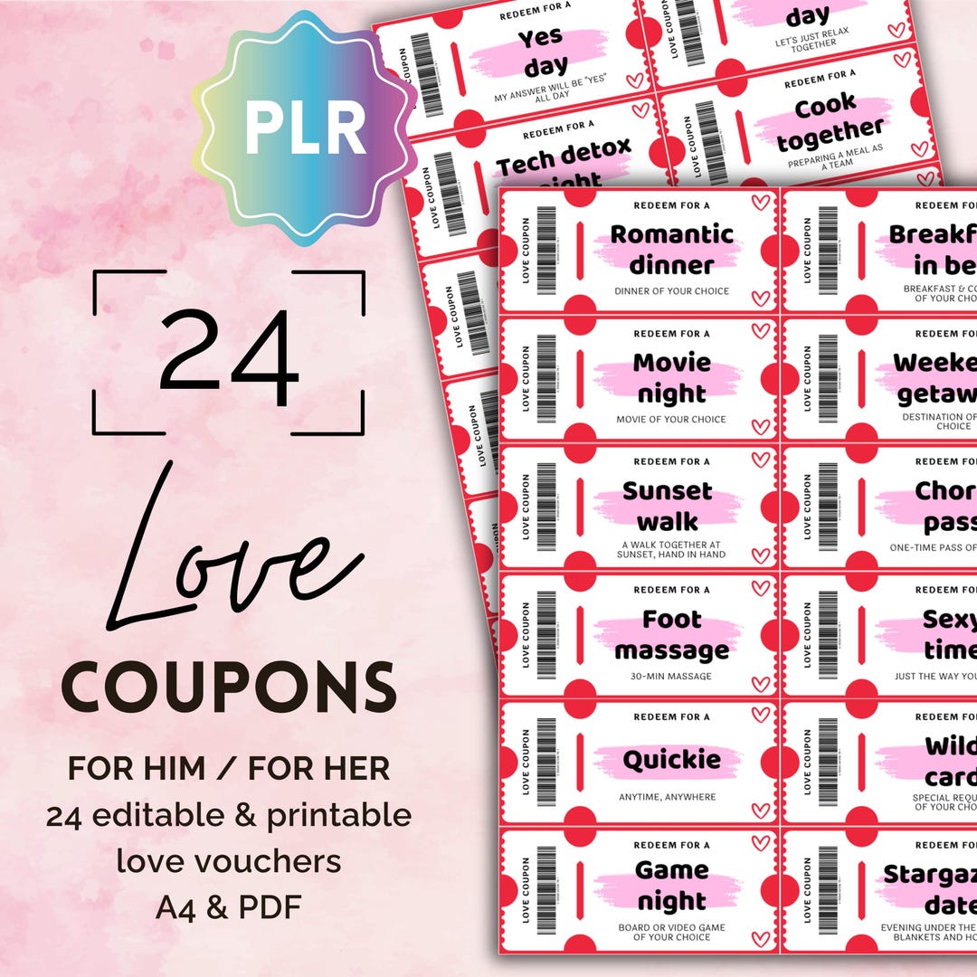 PLR Printable Love Coupons, Customizable Valentines Day Vouchers, Gift for Her & Him ...