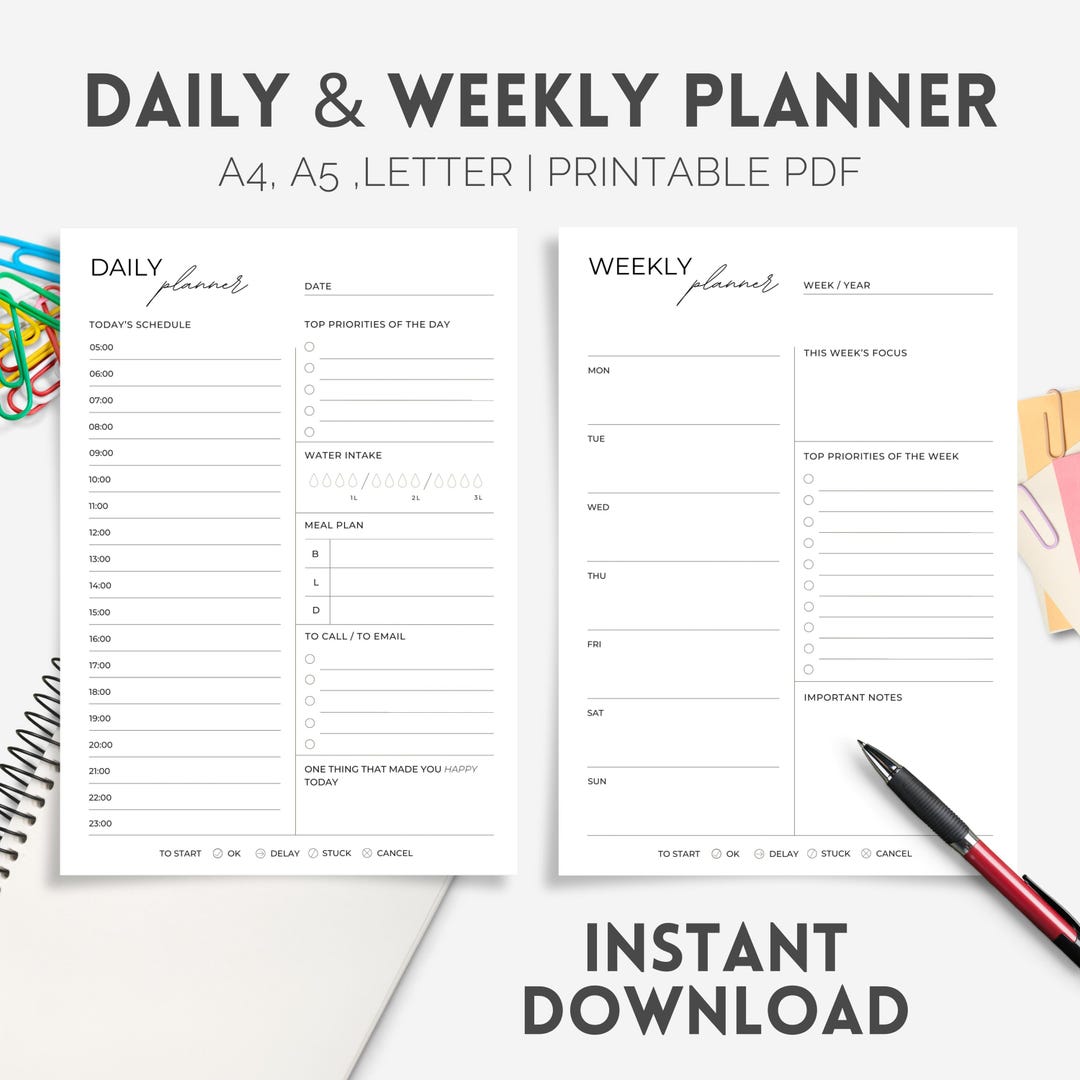 Minimalist Daily & Weekly Planner: Printable Organizer (a4/a5/letter ...