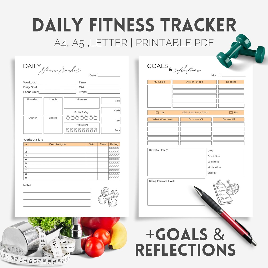 Printable Daily Fitness Tracker: Workout, Meal & Health Planner (PDF ...