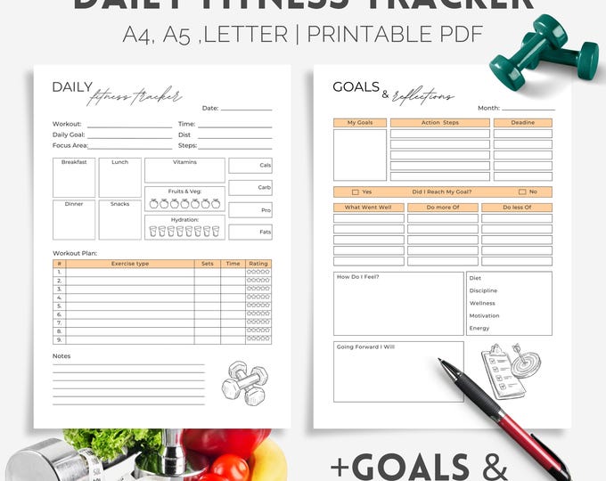 Printable Daily Fitness Tracker: Workout, Meal & Health Planner (PDF ...