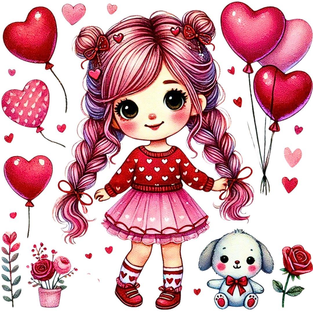 Valentine Cute Girl Clipart Bundle Watercolor I High-quality PNG ...