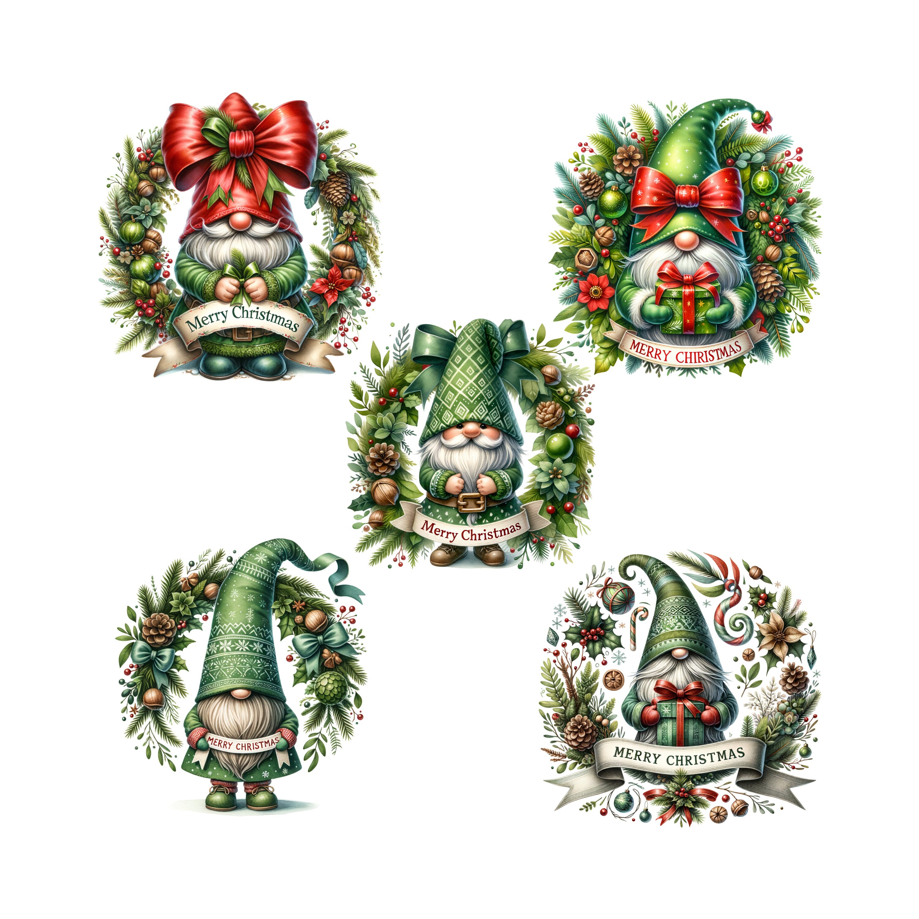 5 Christmas Gnomes PNG in Red & Green Festive Holiday Gnome Clipart ...
