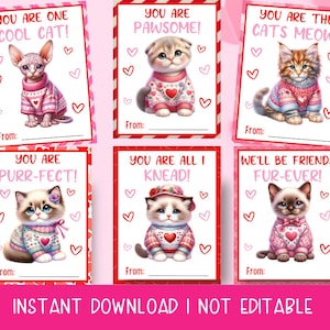 Valentine's Day Cat Cards, Kids Valentine Printable, Class Valentines ...