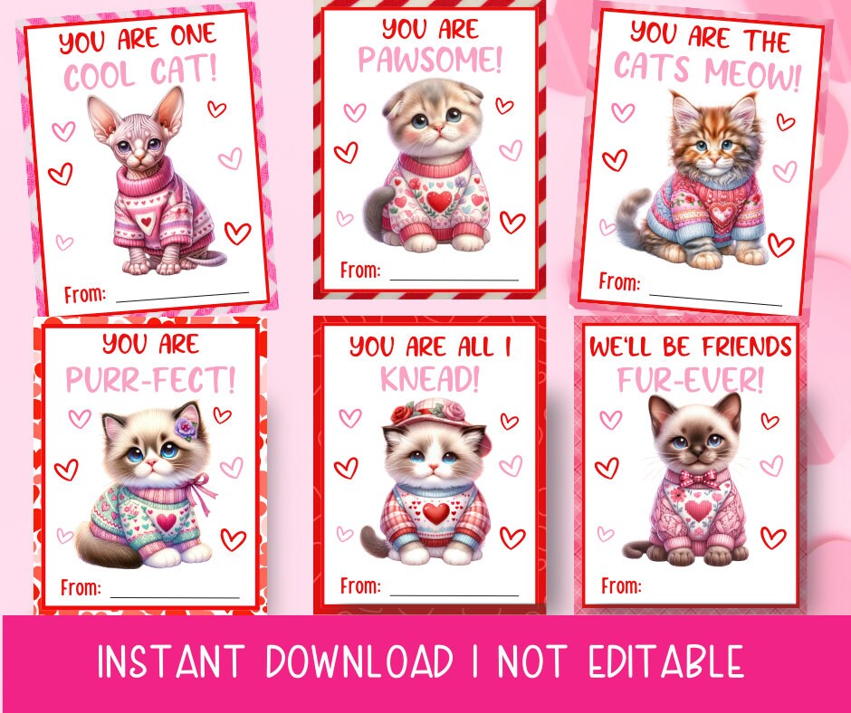 Valentine's Day Cat Cards, Kids Valentine Printable, Class Valentines ...