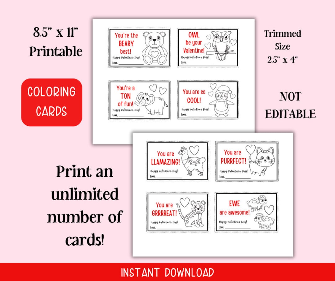 Valentine's Day Coloring Cards, Kids Valentine Printable, Class ...