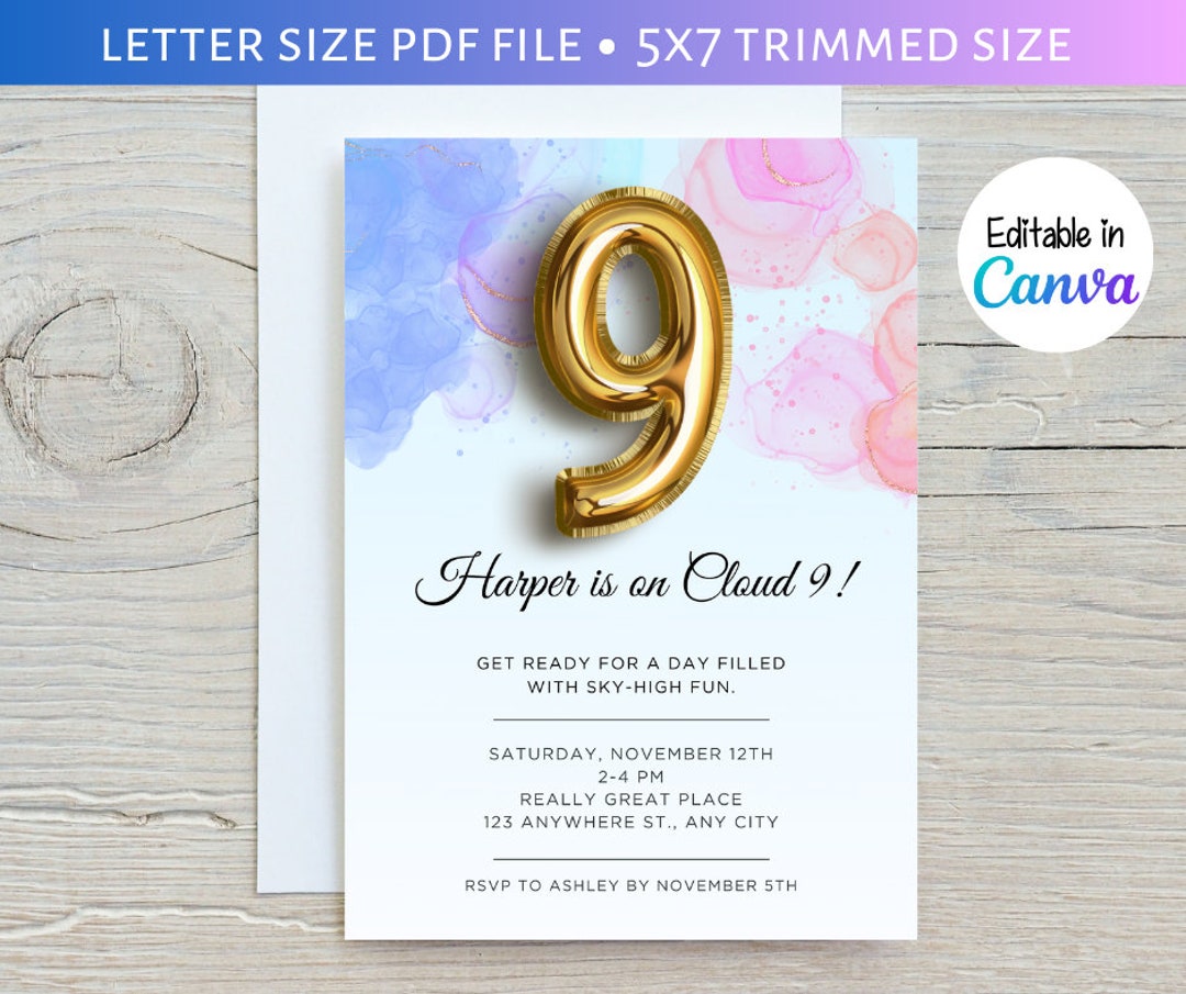 Cloud 9 9th Birthday Party Invitation | Watercolor Invite | Digital Invitation Template - Etsy