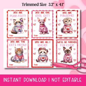 Valentine's Day Cat Cards, Kids Valentine Printable, Class Valentines ...