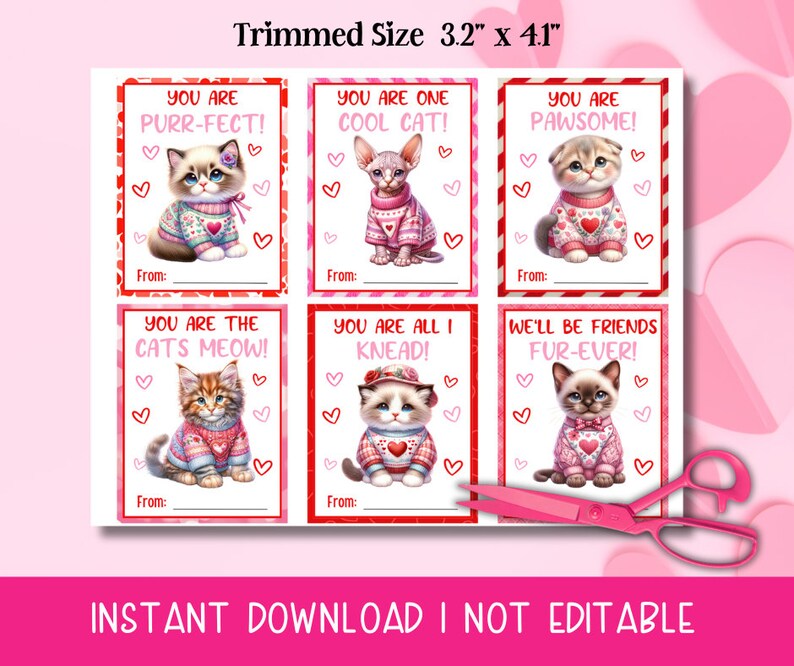 Valentine's Day Cat Cards, Kids Valentine Printable, Class Valentines ...