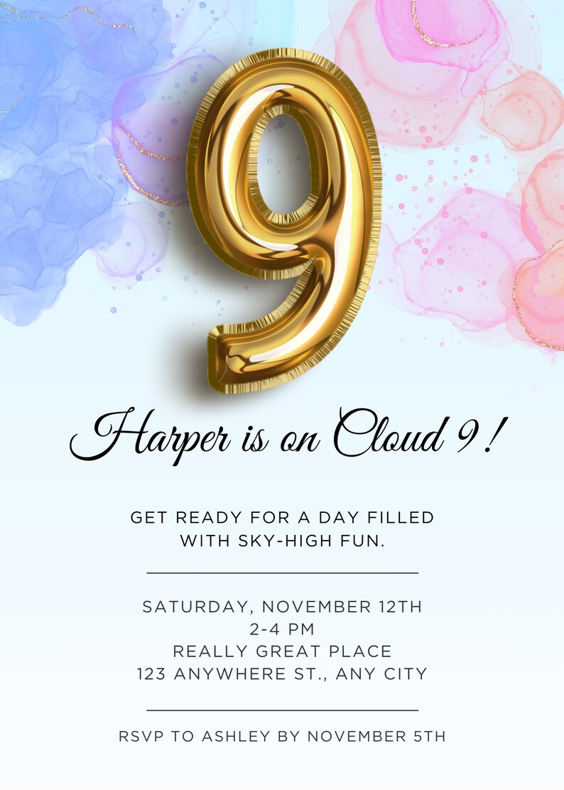 Cloud 9 9th Birthday Party Invitation | Watercolor Invite | Digital ...