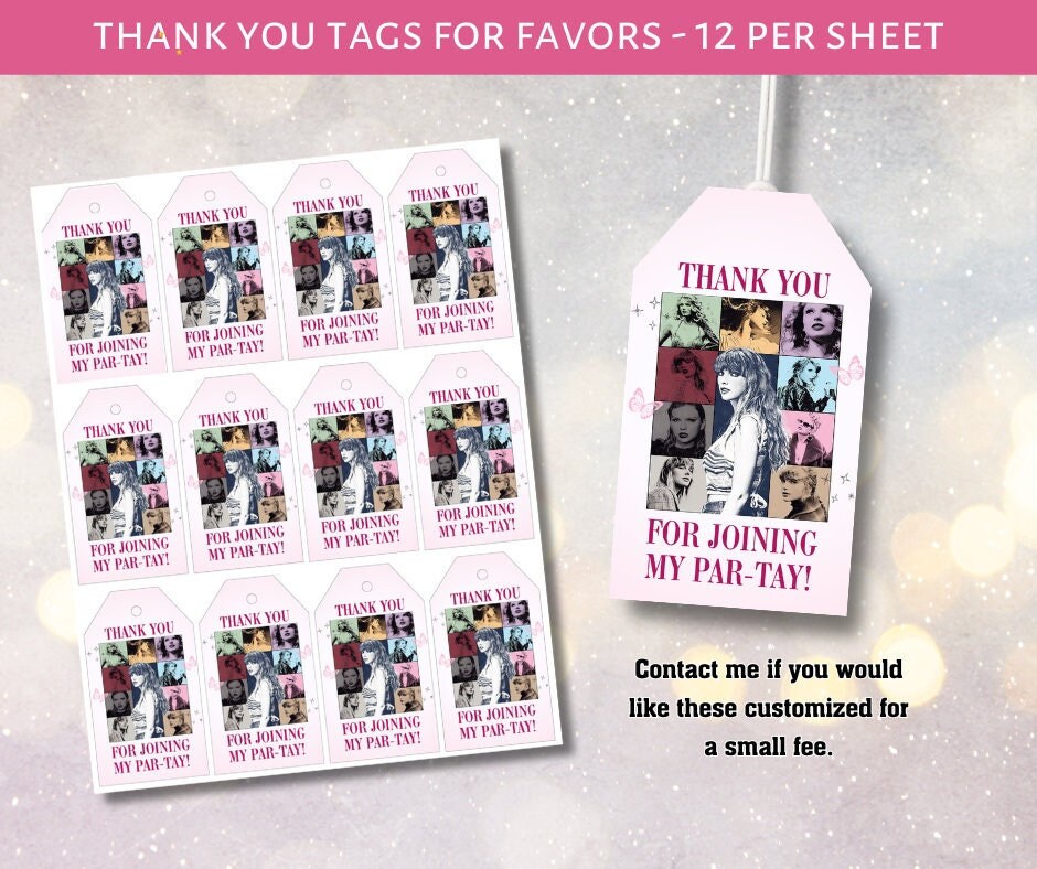 Eras Taylor Birthday Thank You Tags Birthday Thank You Tags Party Favor ...